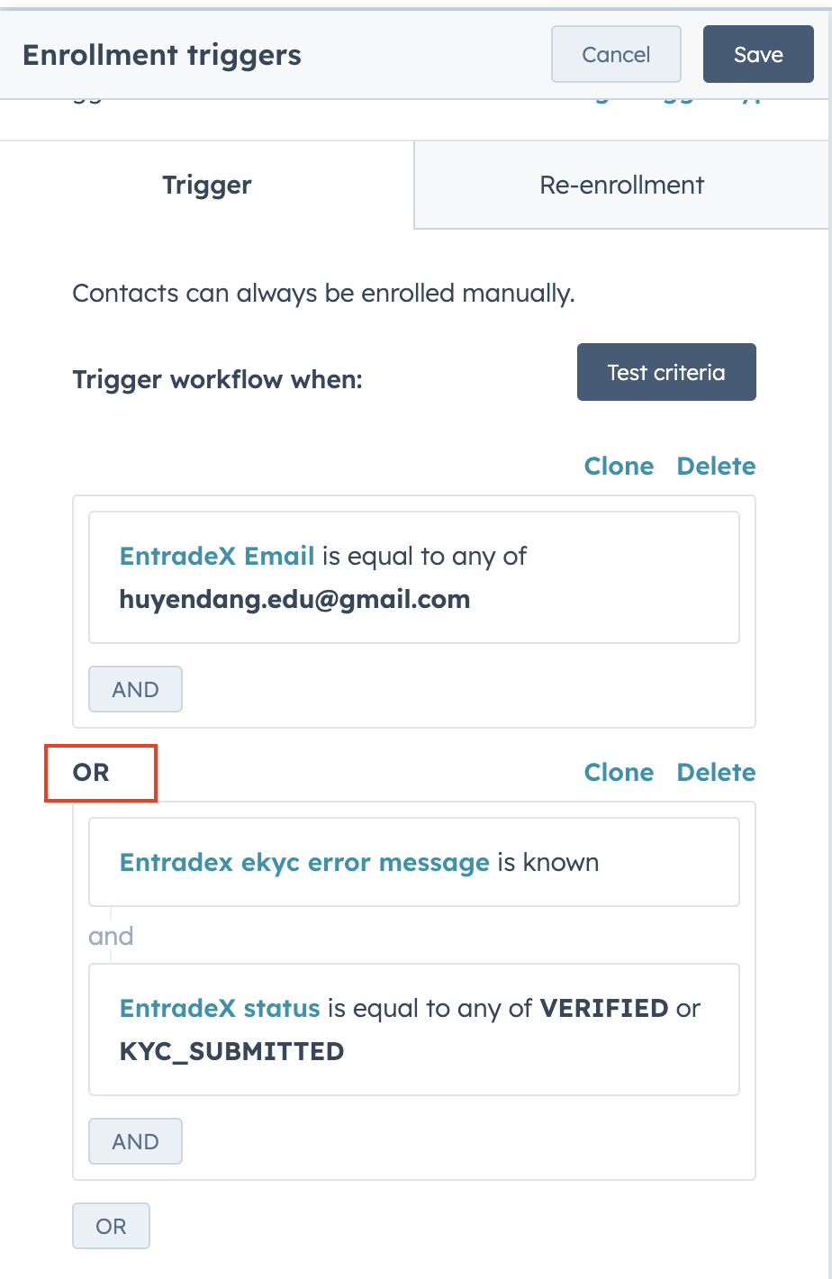 Solved: HubSpot Community - How can I change the condition in the workflow enrollment trigger ...